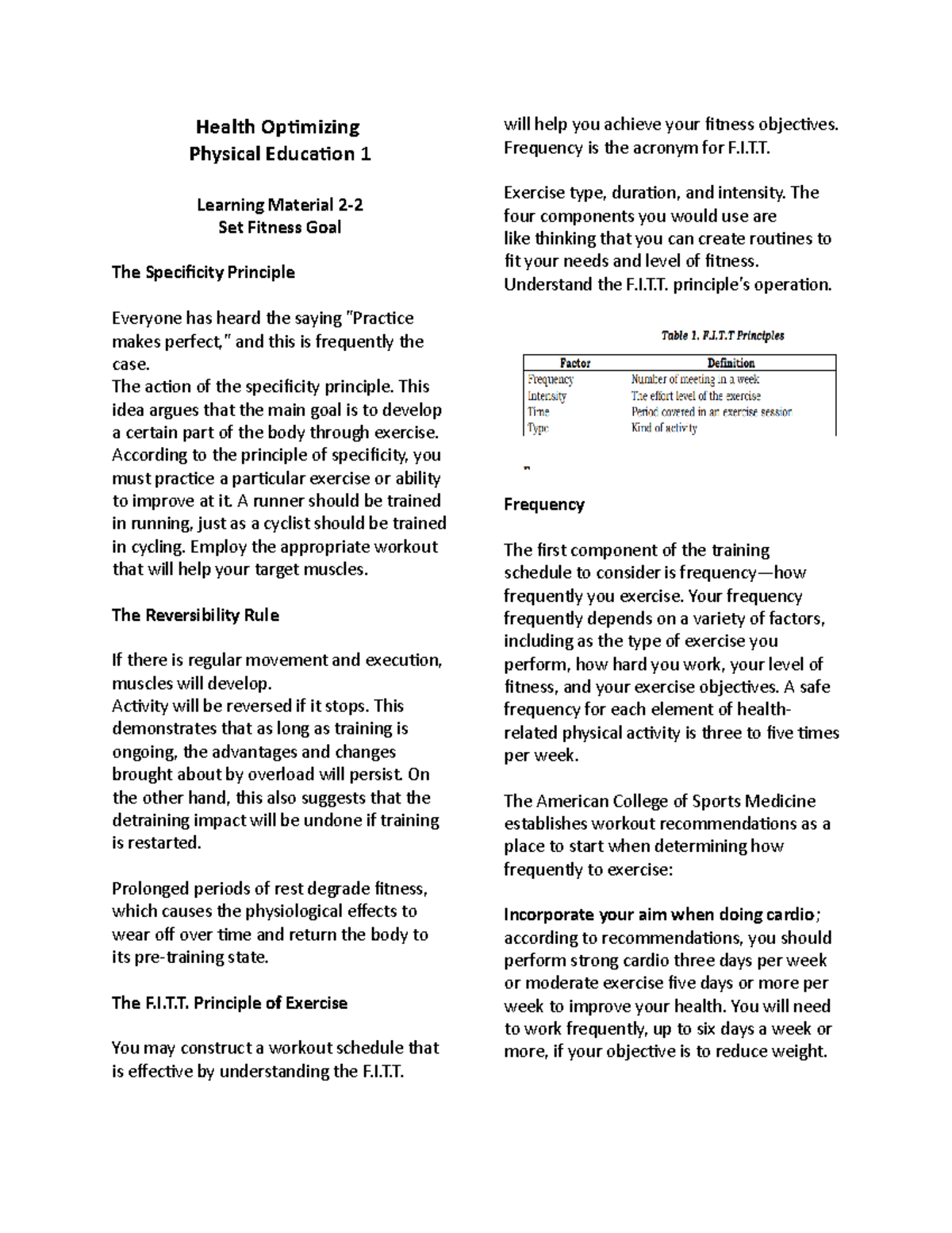 Physical Education LM 2-2 - Health Optimizing Physical Education 1 ...