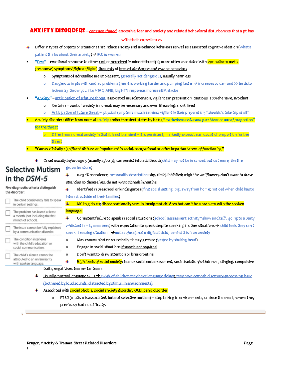 Anxiety, PTSD Outline - Lecture notes - Kruger, Anxiety & Trauma-Stress ...