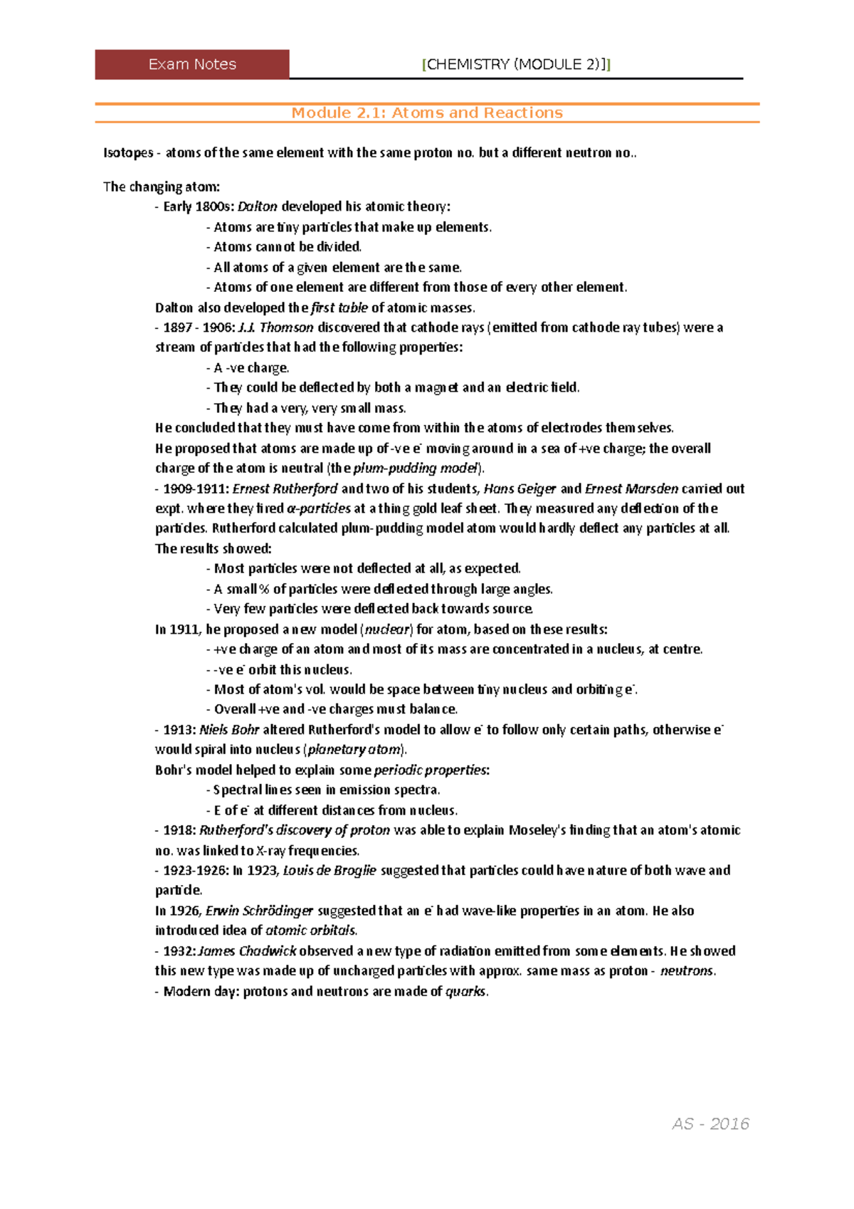 Physical Chemistry Summary 1 - Exam Notes (MODULE Module 2: Atoms and ...