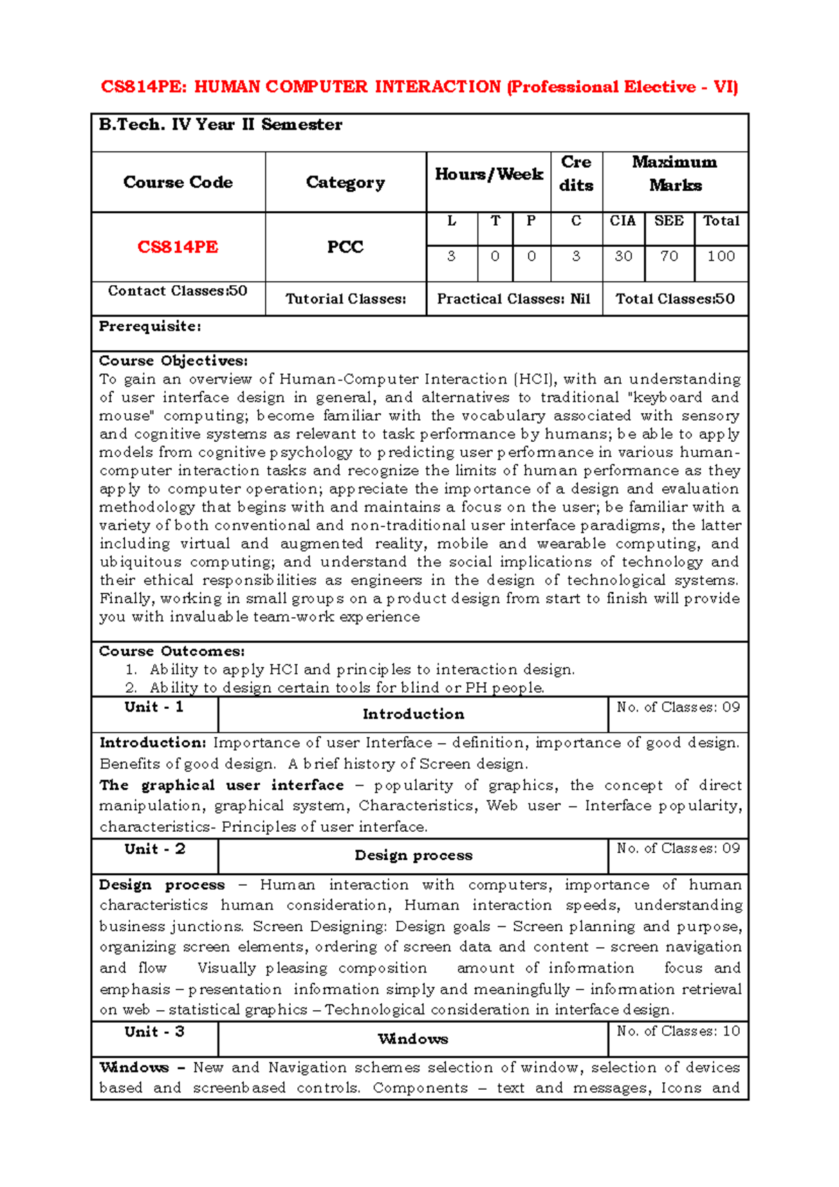 Human Computer Interaction - CS814PE: HUMAN COMPUTER INTERACTION (Professional Elective - VI) B ...