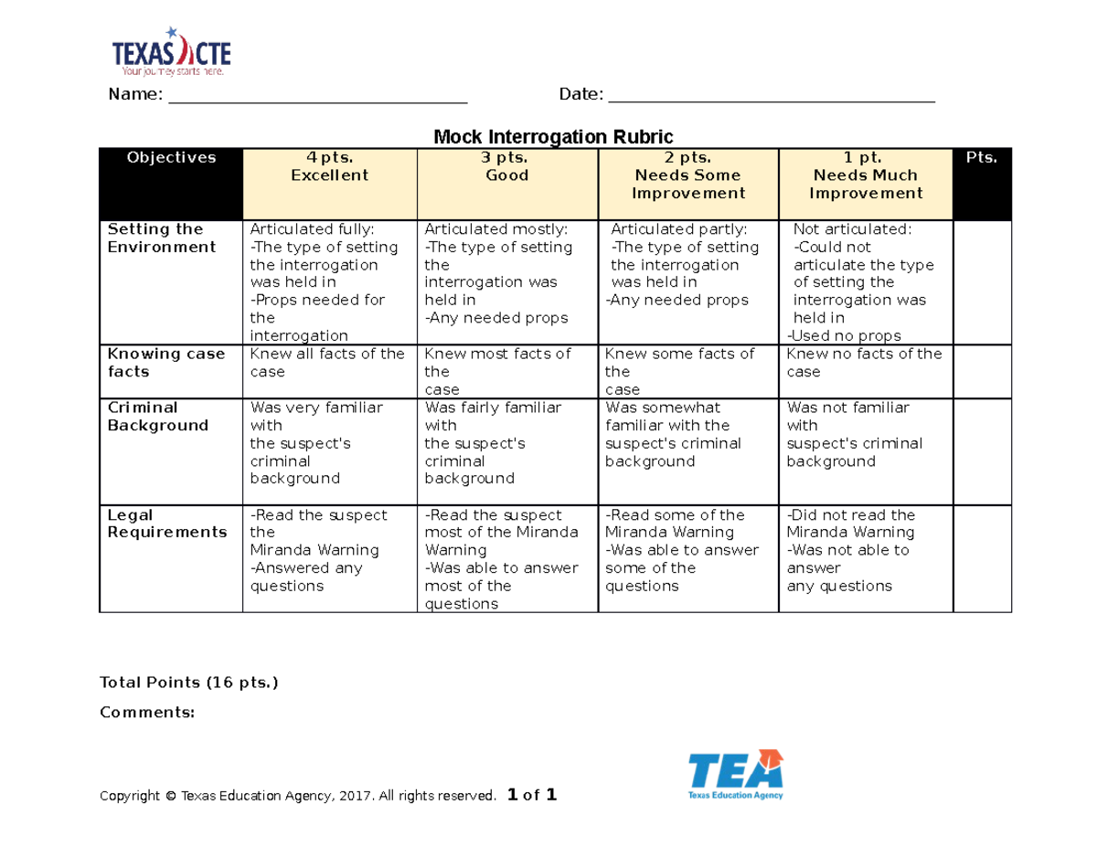 Interview and Interrogation Mock Interrogation Rubric - Name