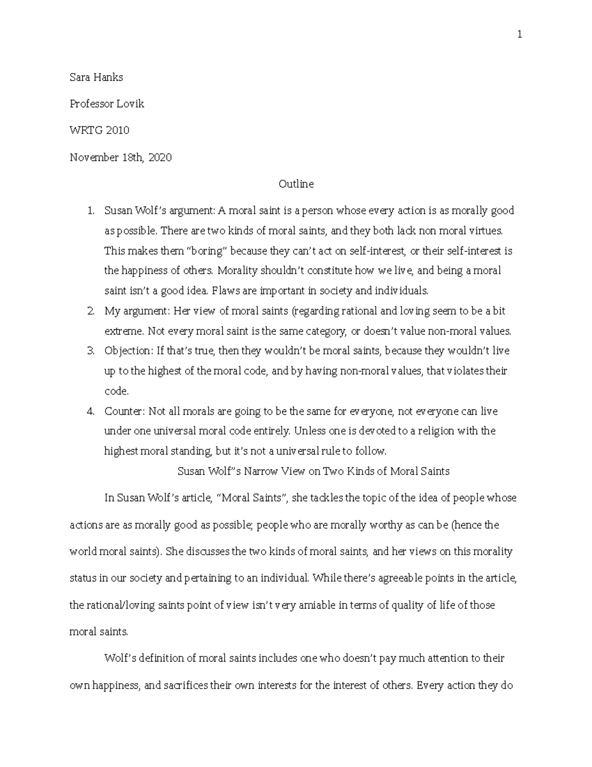 Moral Saints-Document for reference - 1 Sara Hanks Professor Lovik WRTG ...