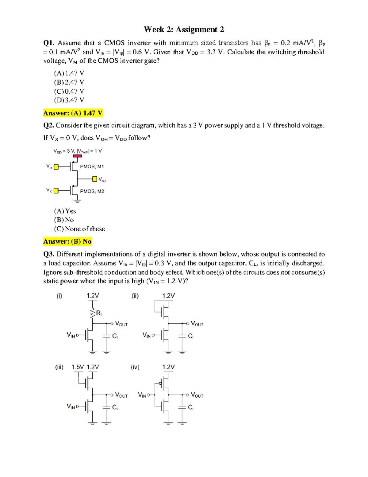 Solutions Assignment 2 - Week 2: Assignment 2 Q1. Assume that a CMOS ...