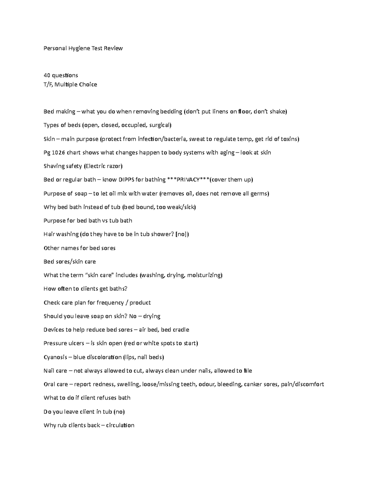 Personal Hygiene Test Review - Studocu