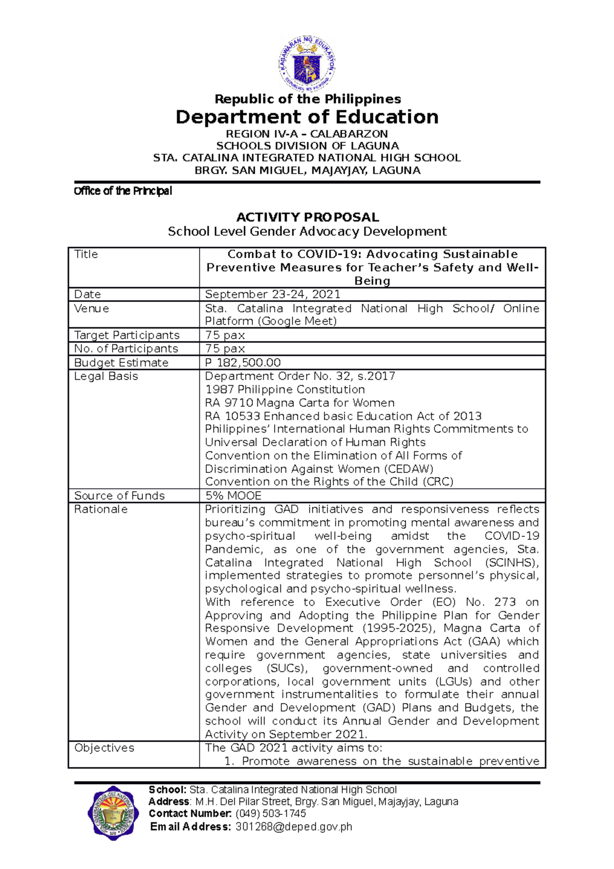 GAD Proposal 2021 2022 Department Of Education REGION IV A 