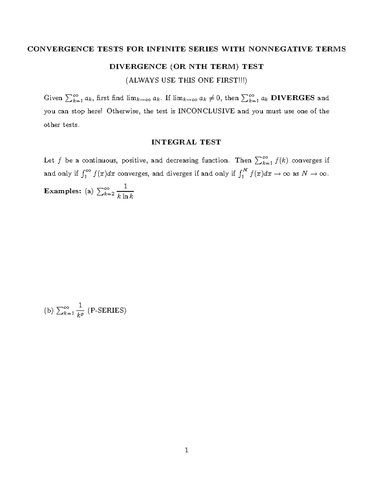 Handout 10345 - CONVERGENCE TESTS FOR INFINITE SERIES WITH NONNEGATIVE ...