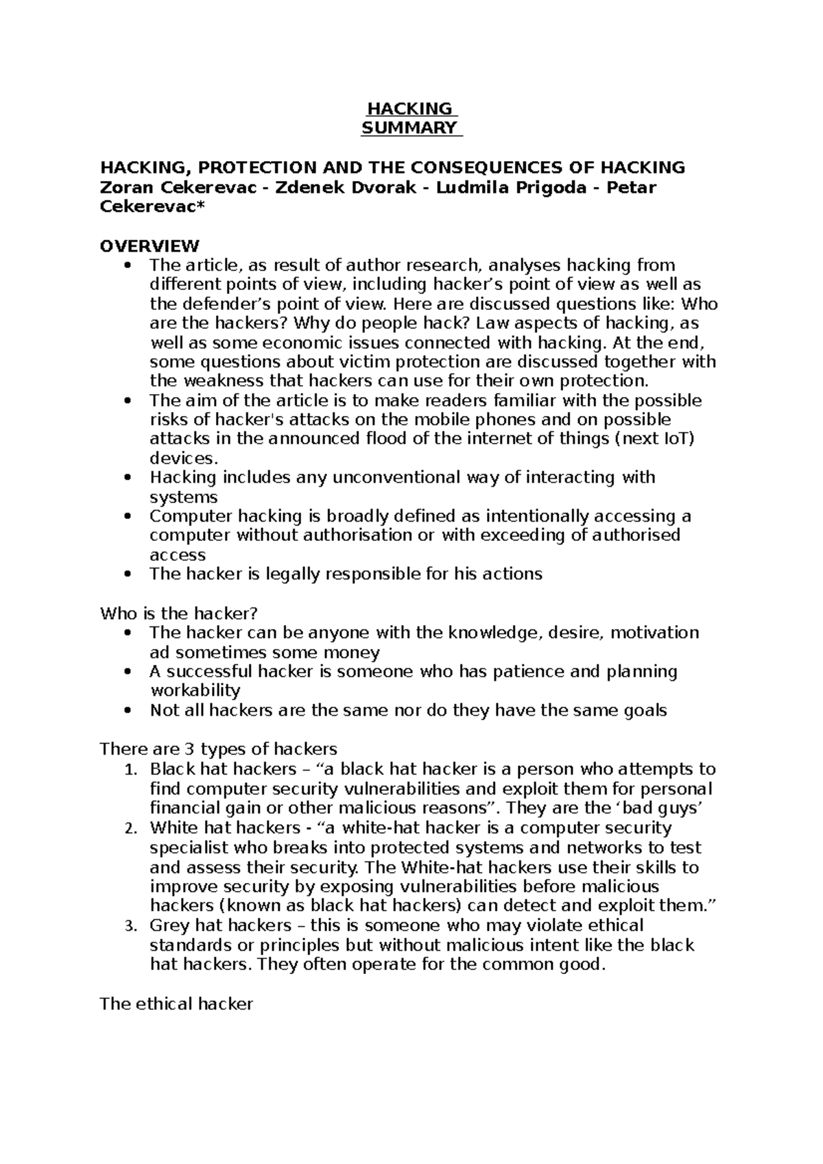 Hacking, Protection AND THE Consequences OF Hacking Summary - HACKING ...
