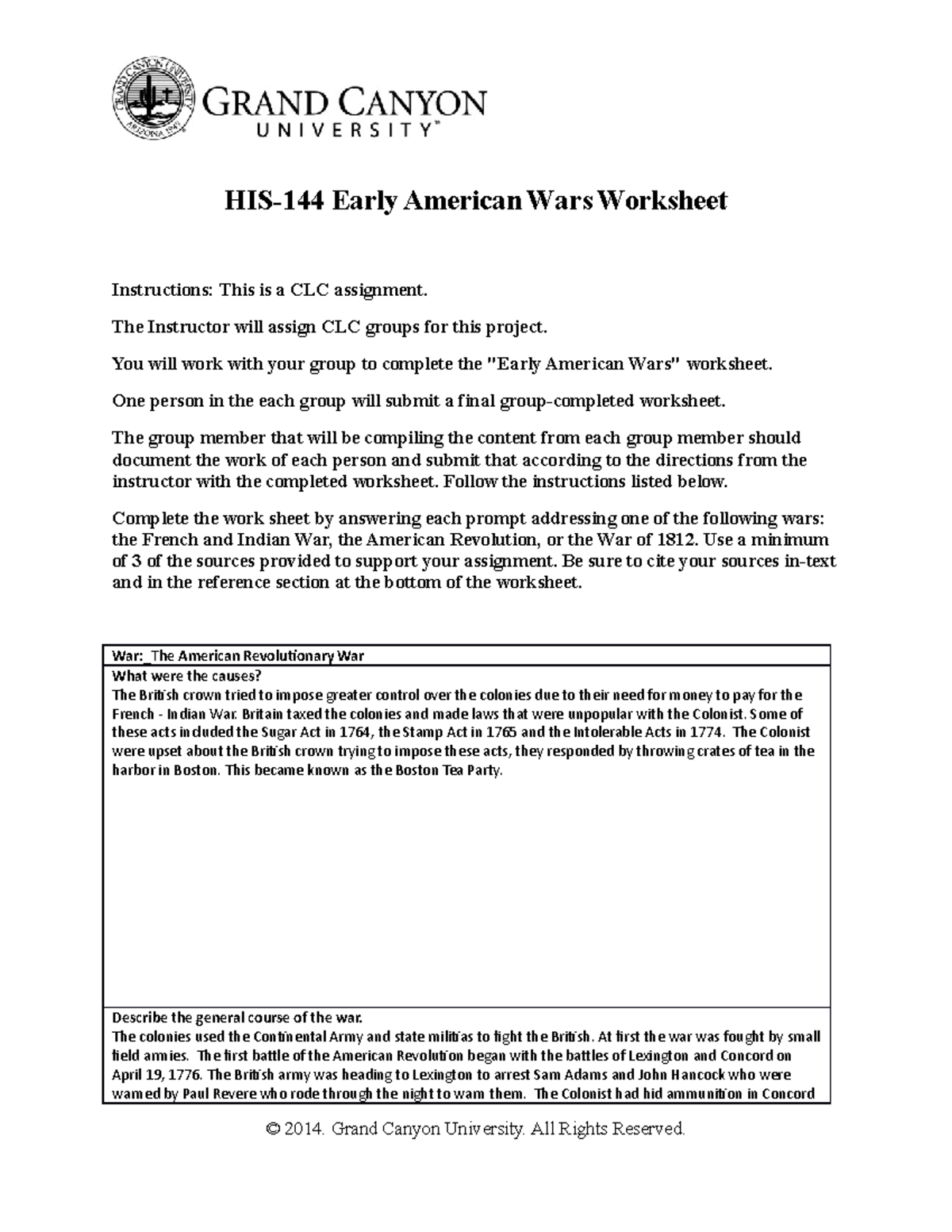 Reed-Early American Wars Worksheet - HIS-144 - GCU - Studocu