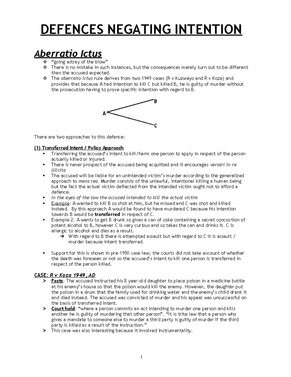 08CR - Aberratio Ictus - Notes. - DEFENCES NEGATING INTENTION Aberratio ...