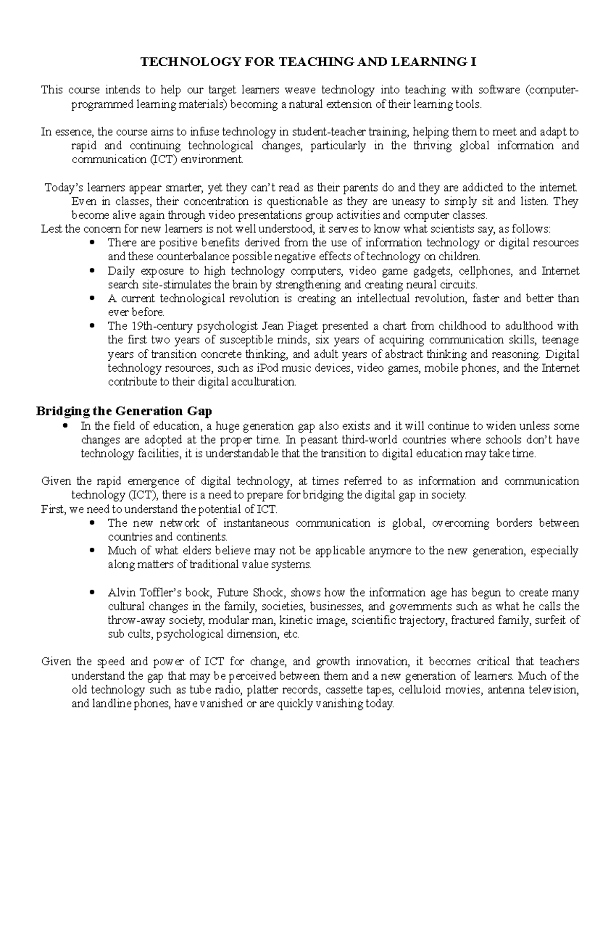 UNIT 1 PROF ED 4 - UNIT I - TECHNOLOGY FOR TEACHING AND LEARNING I This ...