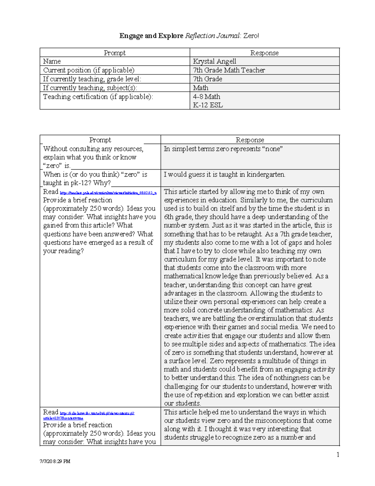 Engage and Explore Reflection Journal Zero Angell - Engage and Explore ...
