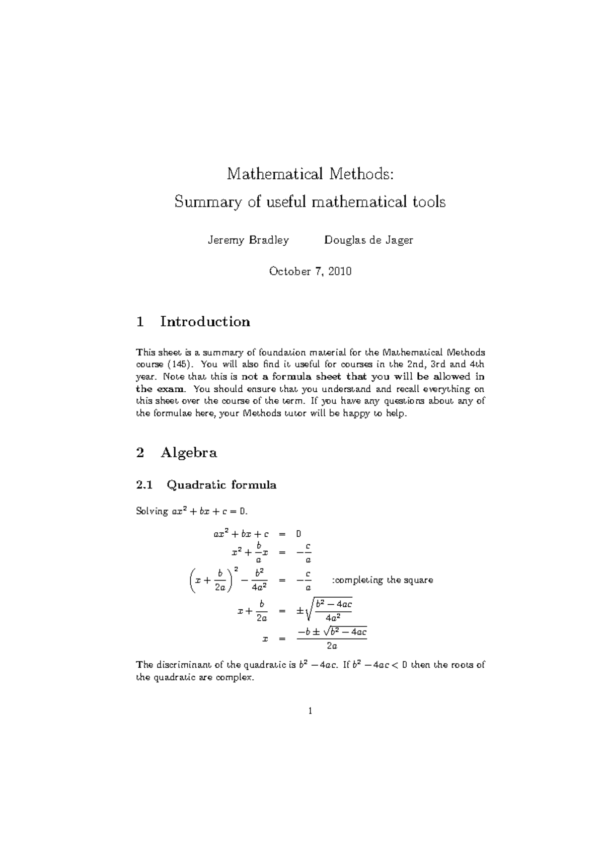 Summary - Math - Mathematical Methods: Summary of useful mathematical tools Jeremy Bradley ...
