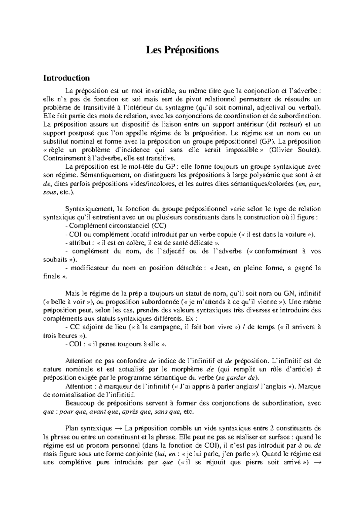 Fiche Prépositions - Notes de cours Grammaire - Les Prépositions ...