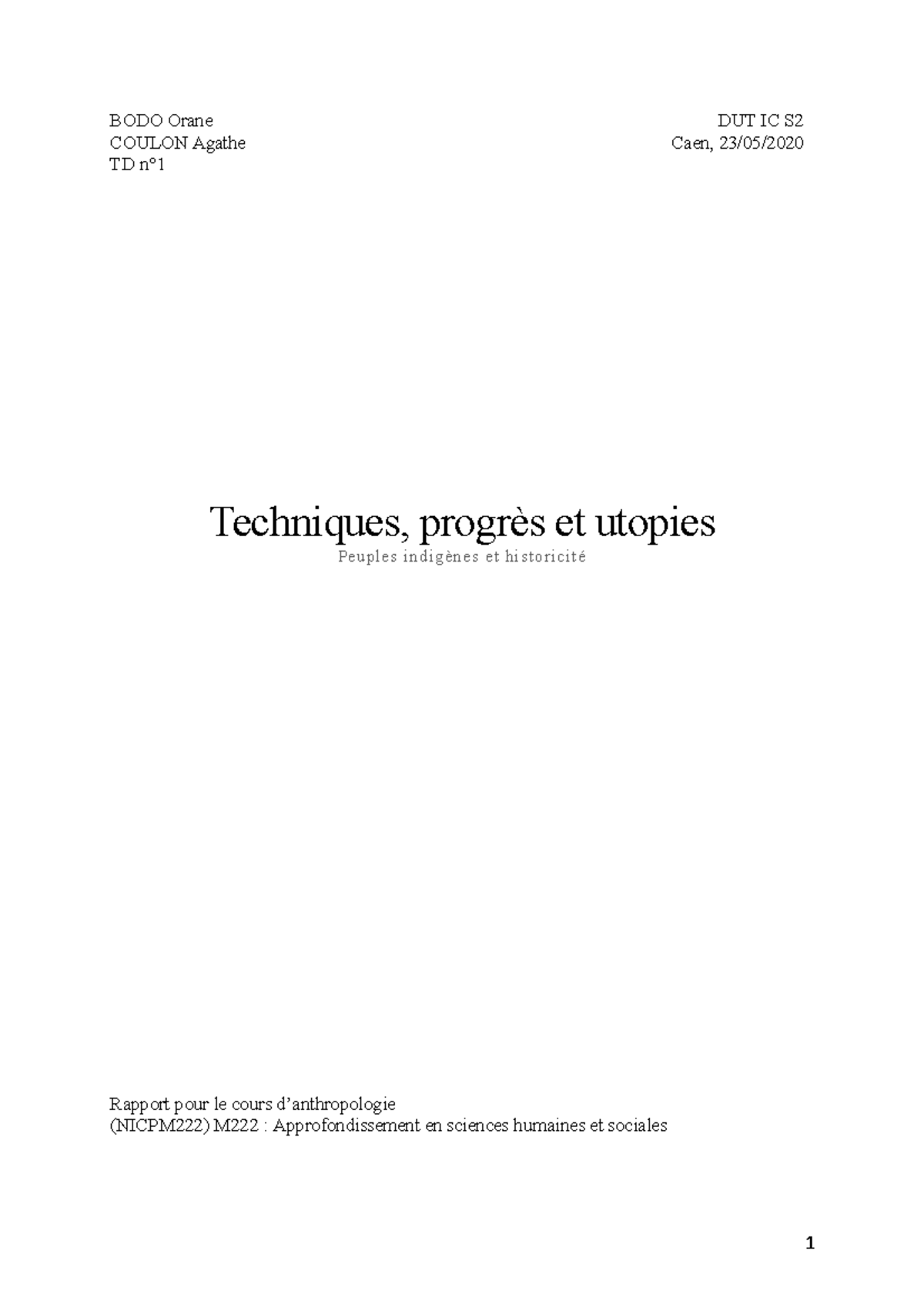 Rapport d'anthropologie - Peuples indigènes et historicité - Warning: TT: undefined function: 32 ...