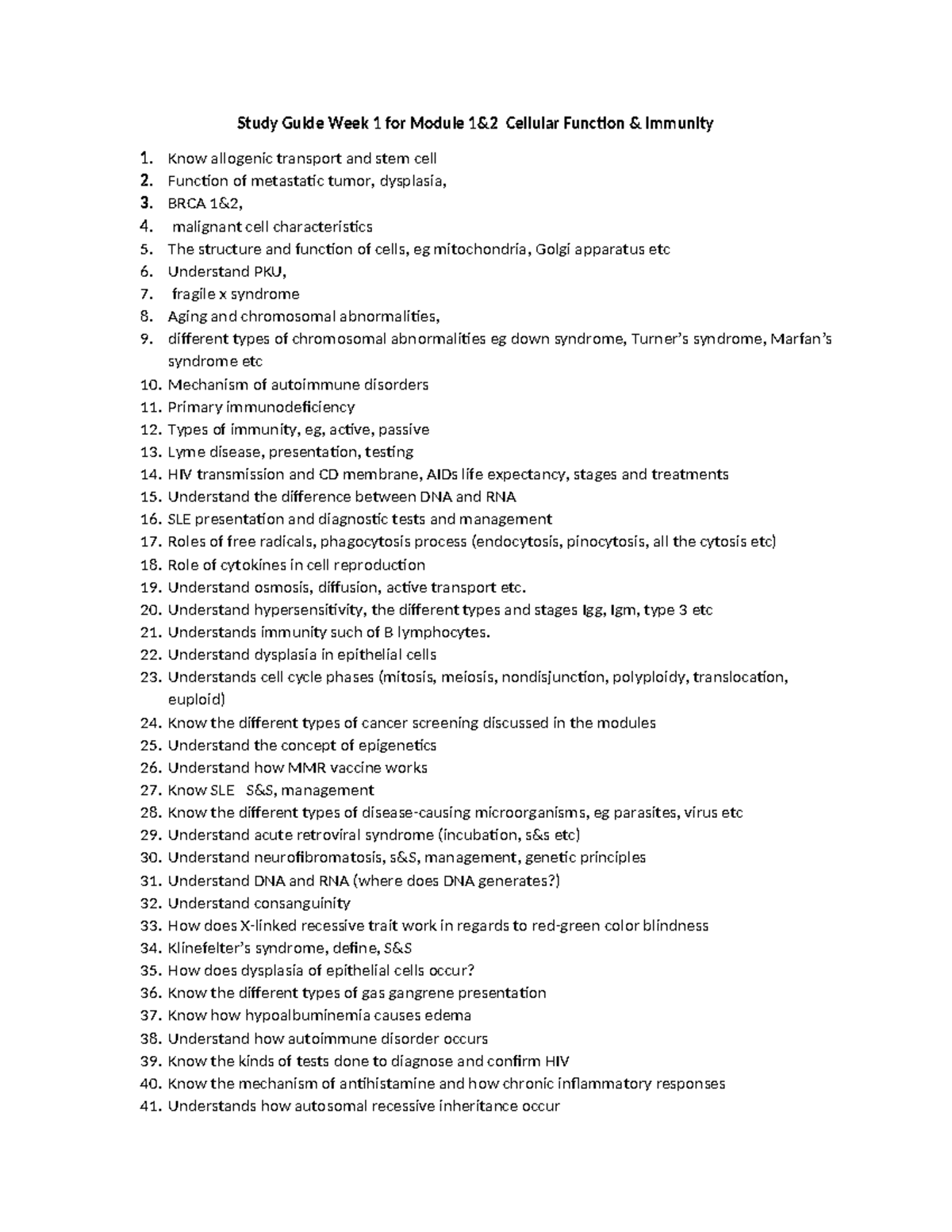 Study Guide Cellular Function & Immunity (2)-1 - Study Guide Week 1 for ...