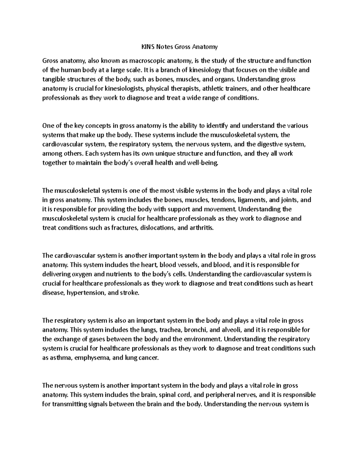 KINS Notes Gross Anatomy - KINS Notes Gross Anatomy Gross anatomy, also ...