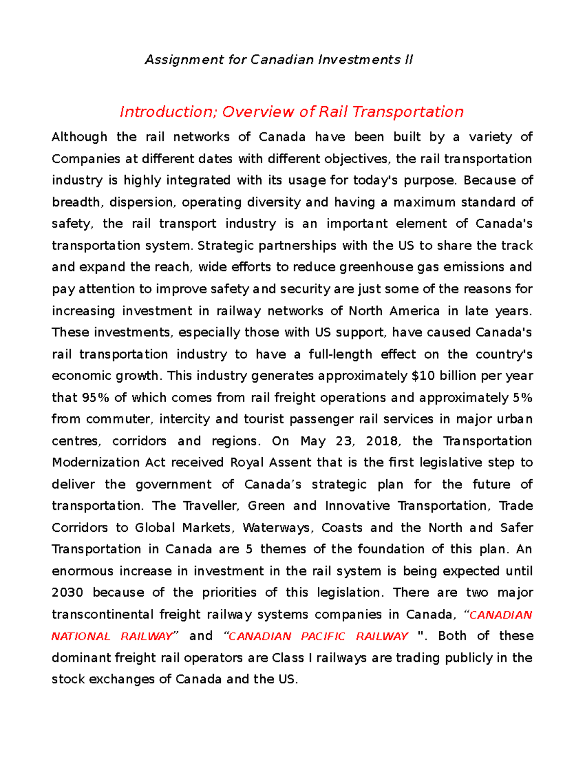 Assignment Canadian Investments II - Assignment for Canadian ...