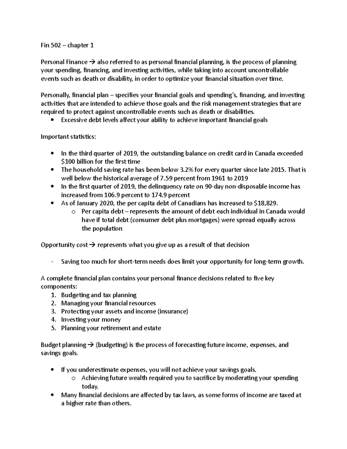 Fin 502- chapter 1 full material - Fin 502 – chapter 1 Personal Finance also referred to as ...