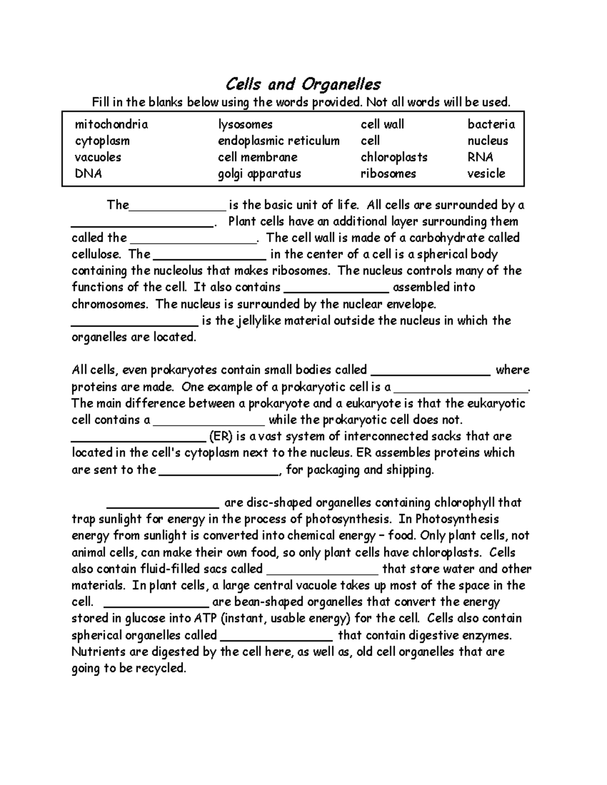 Cells And Organelles Quick Review Cells And Organelles Fill In The
