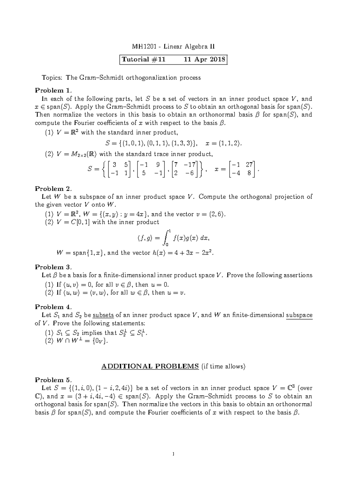 Tutorial 11 Questions - practice linier algebra - MH1201 - Linear Algebra II Tutorial #11 11 Apr ...