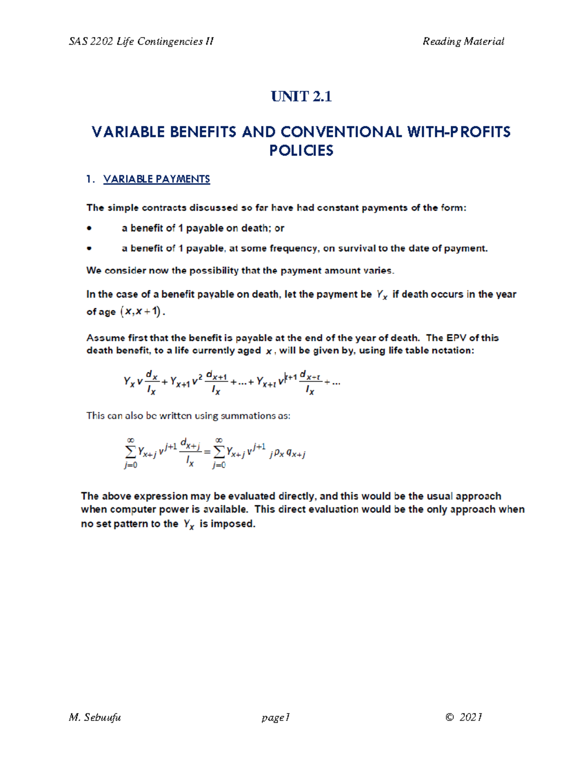 LIFE Contigencies II Unit 2.1 - V2 - UNIT 2. VARIABLE BENEFITS AND ...