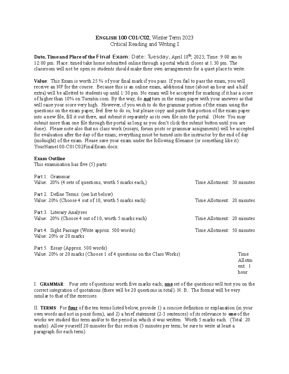 100-C01C02 Examout Winter 2023 - ENGLISH 100 C01/C02, Winter Term 2023 Critical Reading and ...