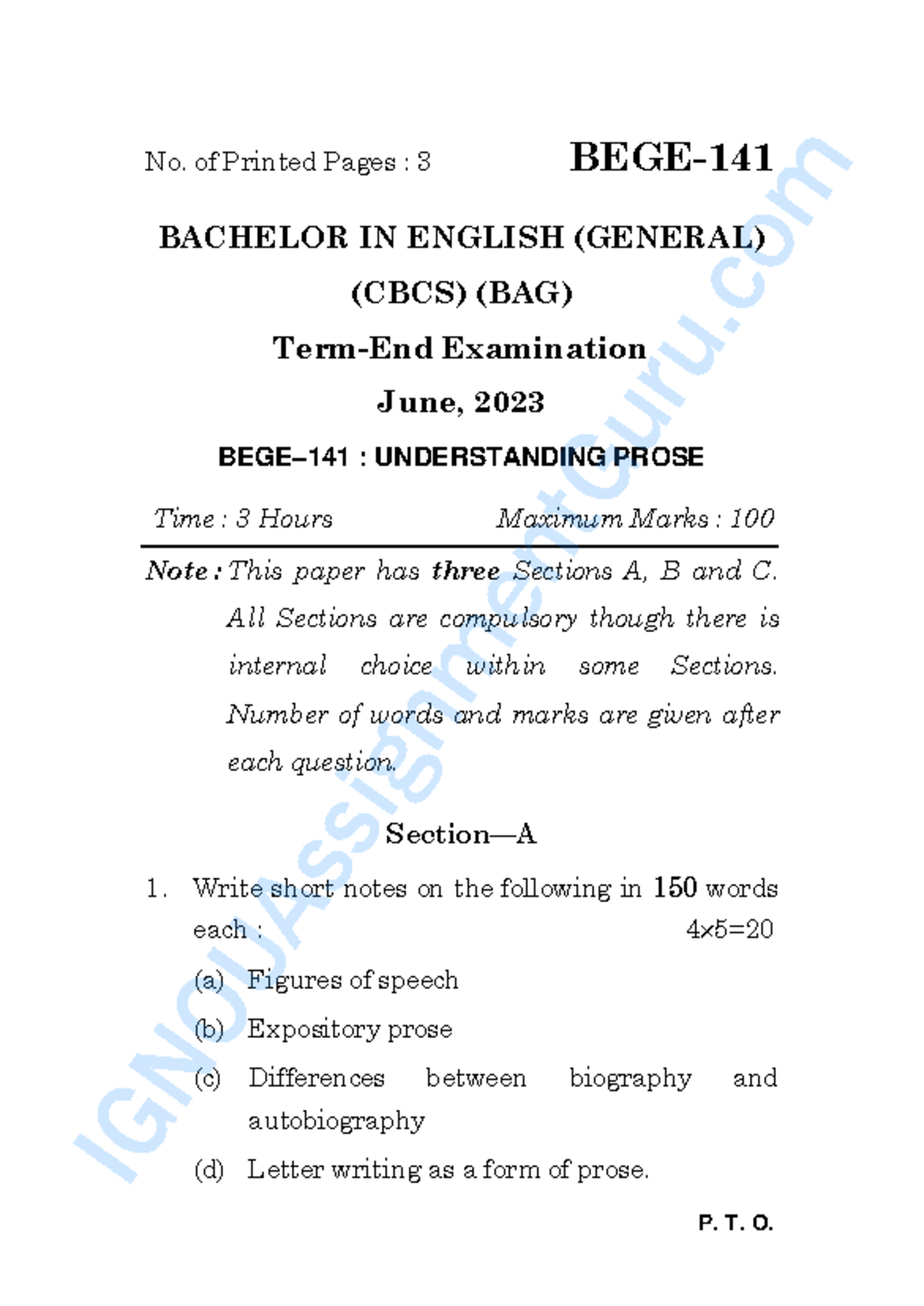 27. June 2023 BEGE-141 Ignouassignment Guru.com - P. T. O. No. of ...