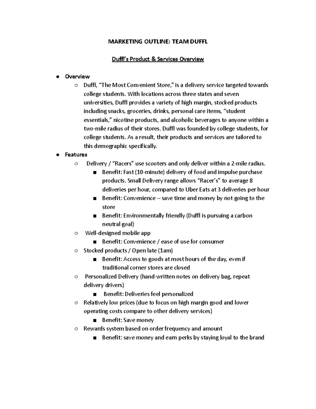 Team Checkpoint #2 - class notes - MARKETING OUTLINE: TEAM DUFFL Duffl ...