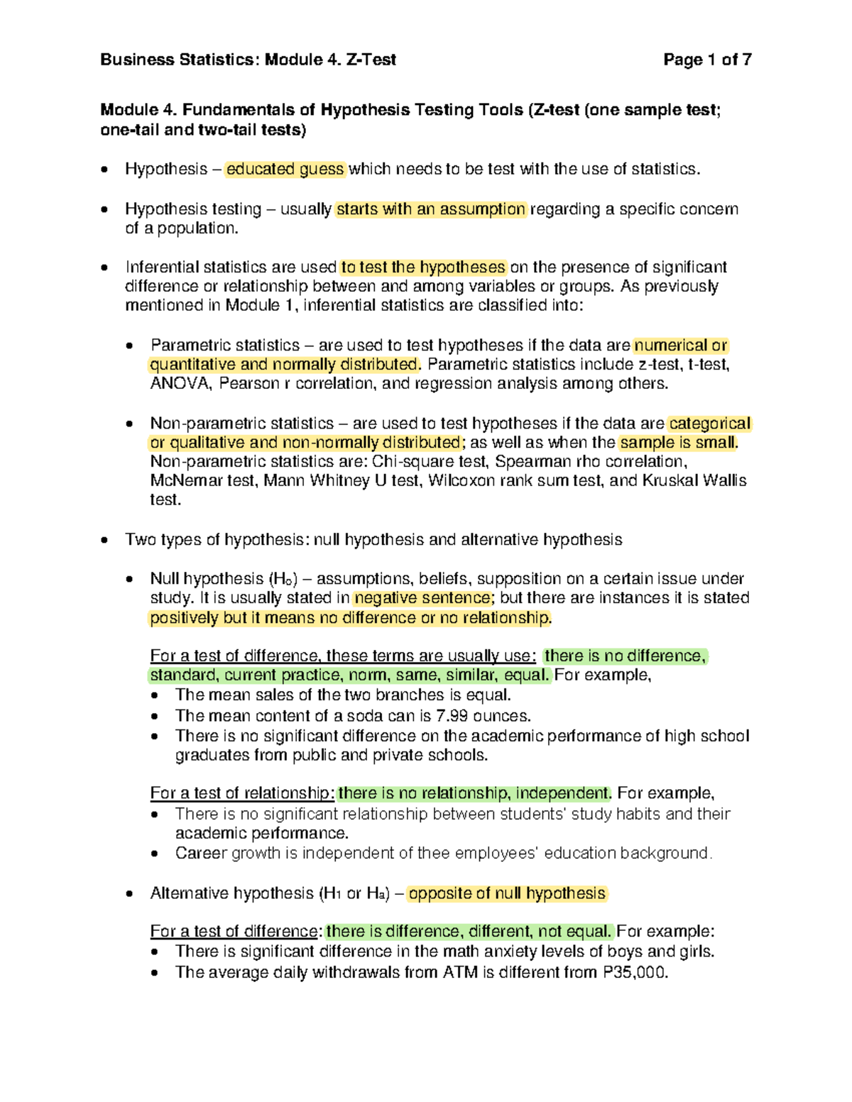Statistics Module 4 - ... - Module 4. Fundamentals of Hypothesis ...