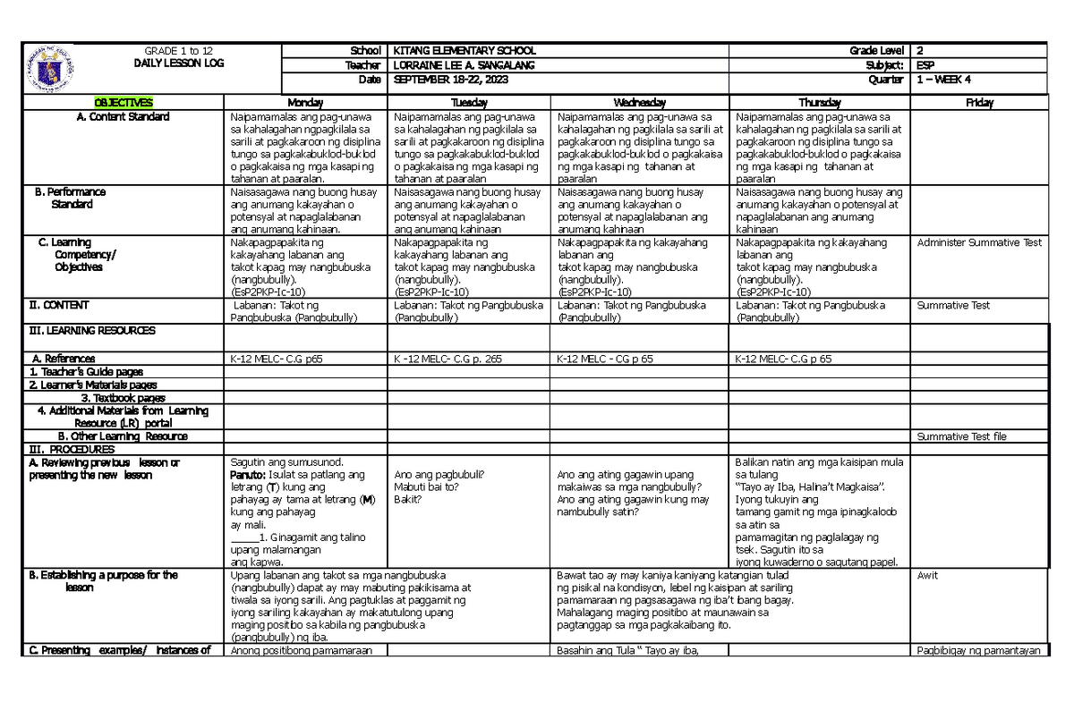 WEEK 4 SEPT 18-22 - DLL - GRADE 1 to 12 DAILY LESSON LOG School KITANG ...