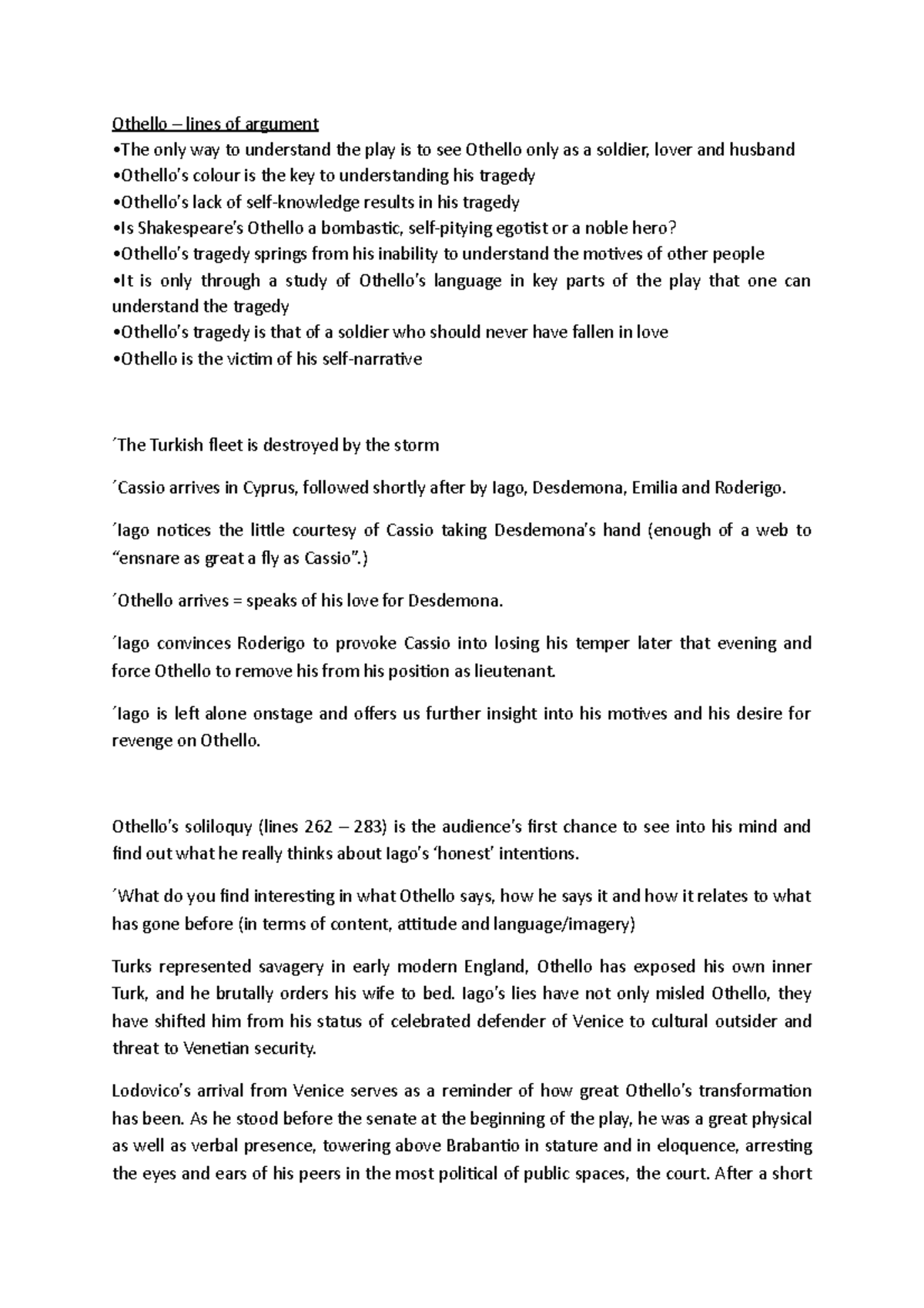 Othello lines of argument - Othello – lines of argument •The only way ...