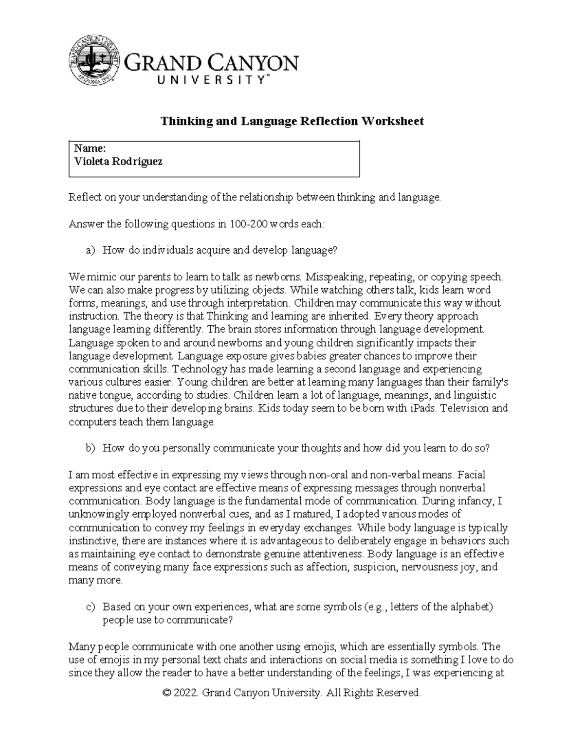 PHI105 - ThinkingandLanguageReflectionWorksheet - Thinking and Language ...