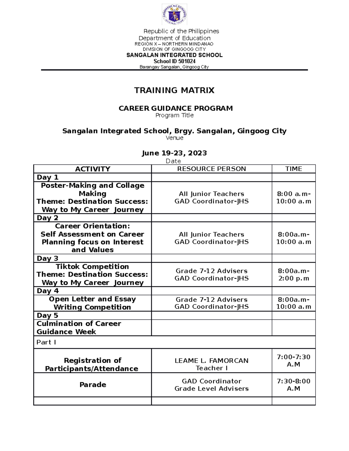 Career guidance training matrix - Republic of the Philippines ...