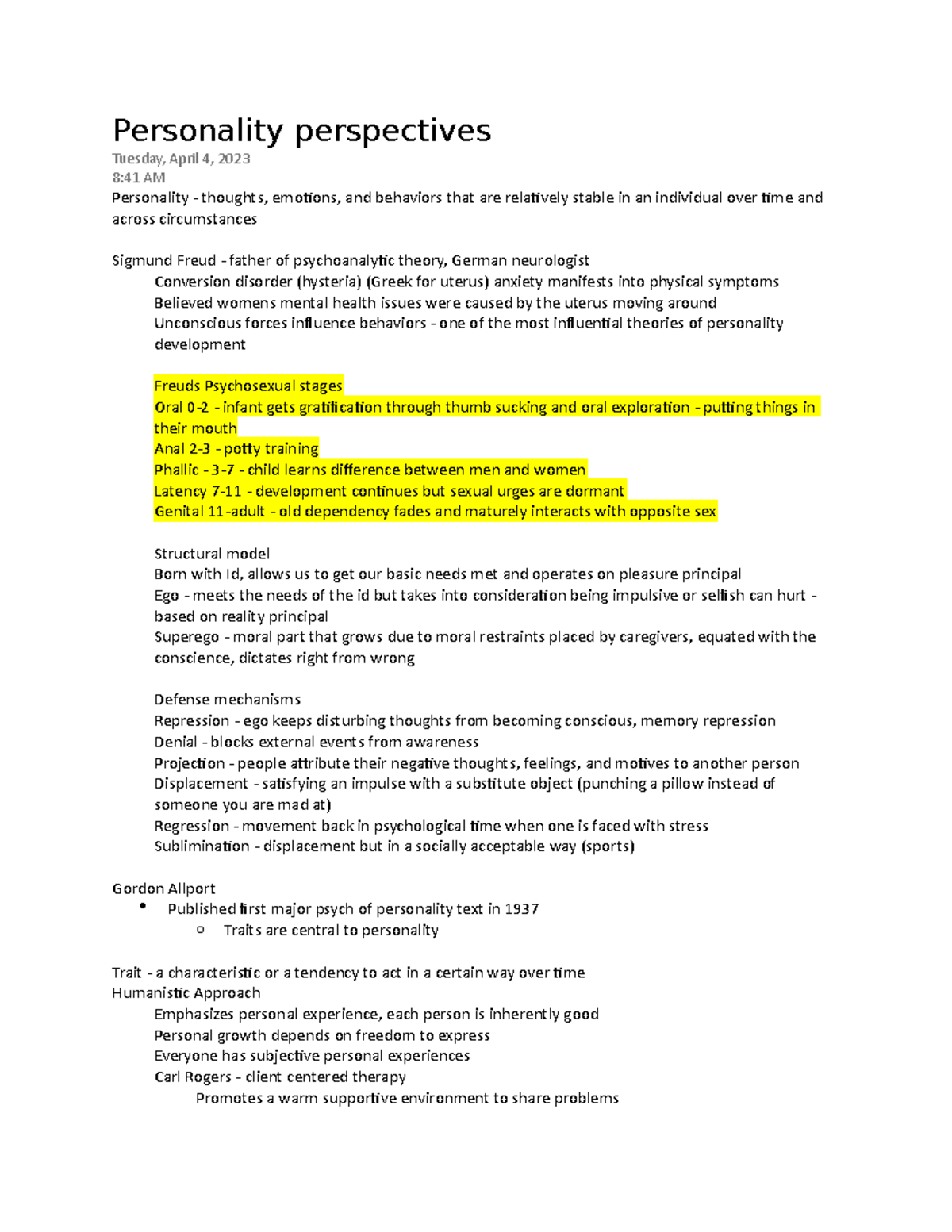 Personality perspectives notes - Personality perspectives Tuesday ...