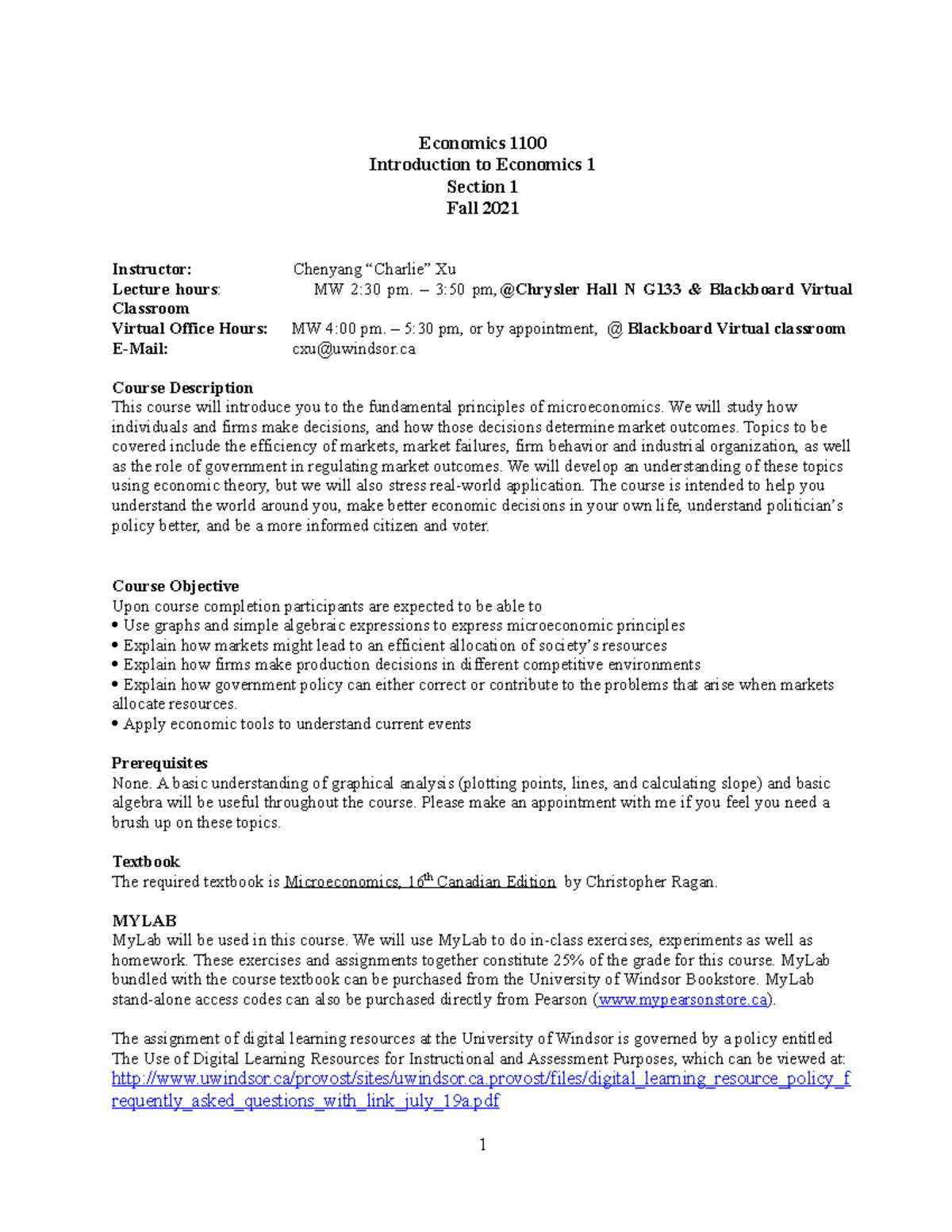 Syllabus sec1 student - eeeee - Economics 1100 Introduction to ...