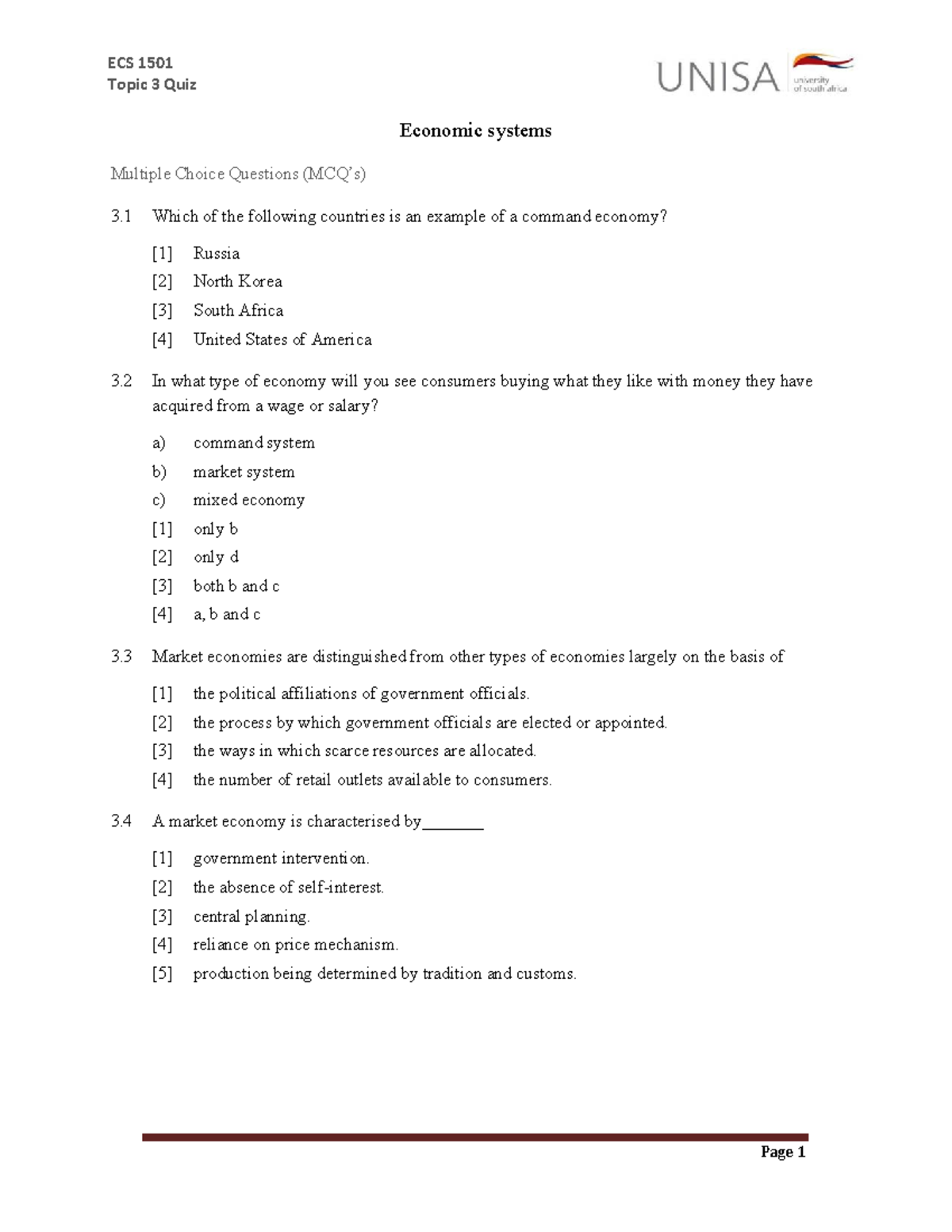 Economics notes - ECS 1501 Topic 3 Quiz Page 1 Economic systems ...