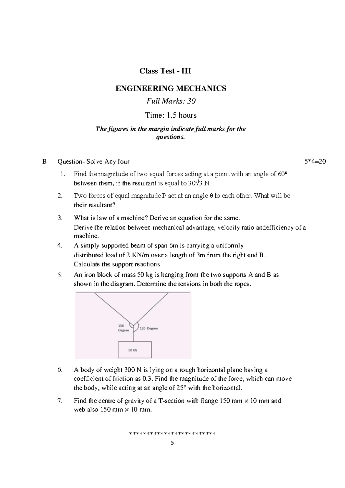CT-3B - Engineering Mechanics Question Paper - 5 Class Test - III ...