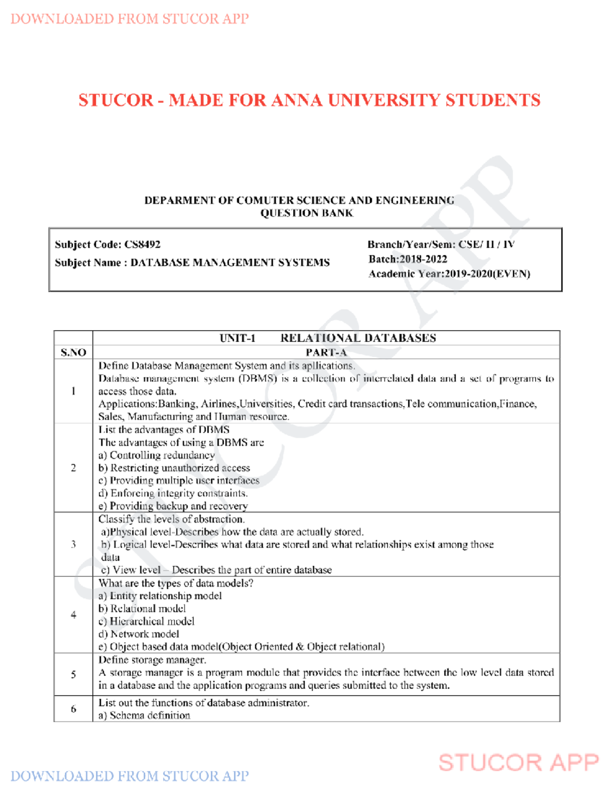 Dbms Question Bank Unit Ii Database Design S Part A 1 What Is An Entity Relationship Model