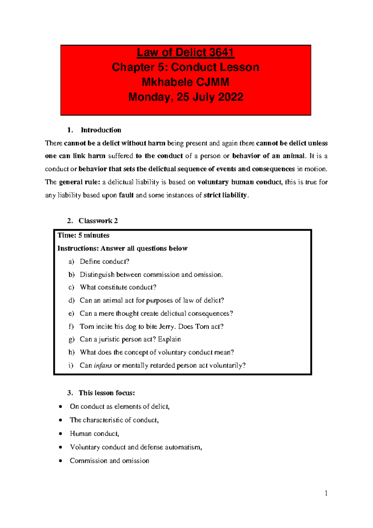 Law of Delict 3641 Chapter 5 Conduct Lesson - Law of Delict 36 41 ...