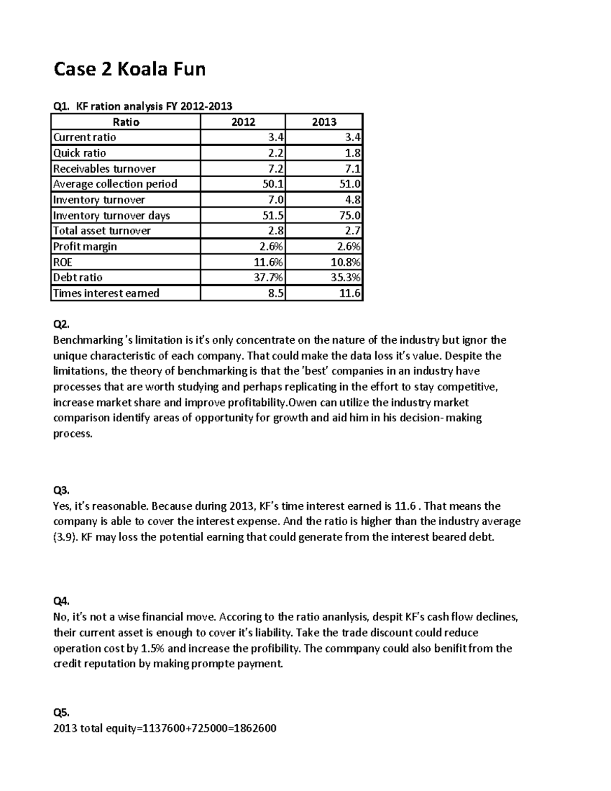 Working capital Case 2 Koala Fun - Case 2 Koala Fun Q1. KF ration ...