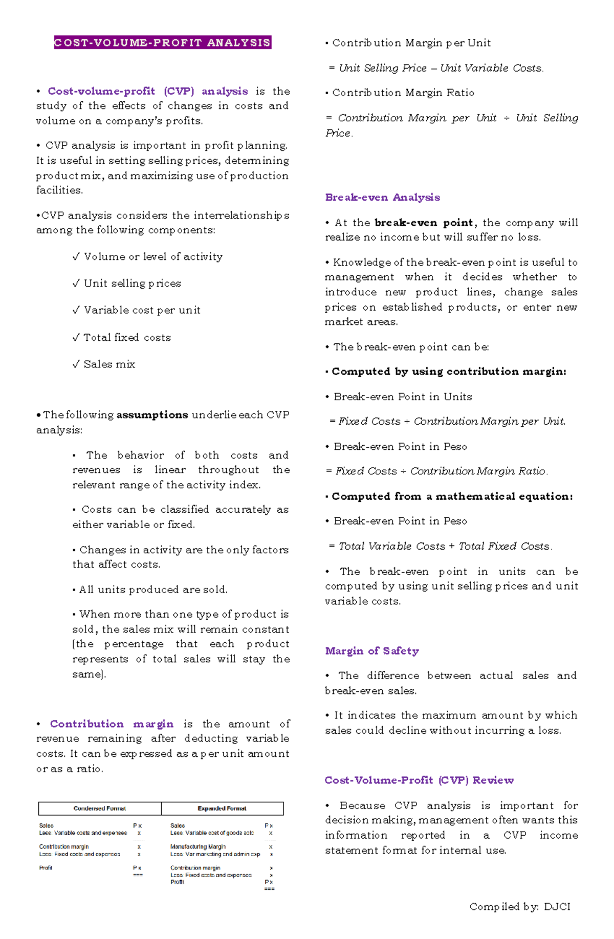 CVP Reviewer - Summary Strategic Manangement - COST-VOLUME-PROFIT ...