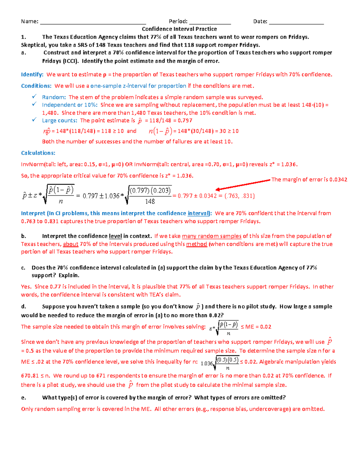 08 Confidence Interval Practice- Answer KEY - Name ...