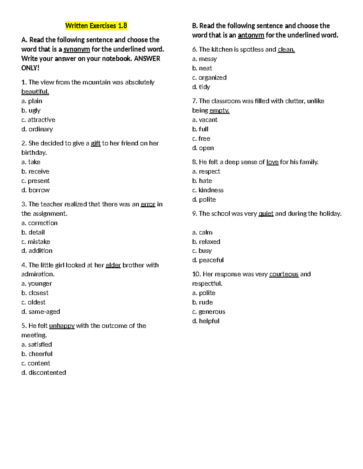 WEX 1.8 - English - qdwef - Written Exercises 1. A. Read the following ...