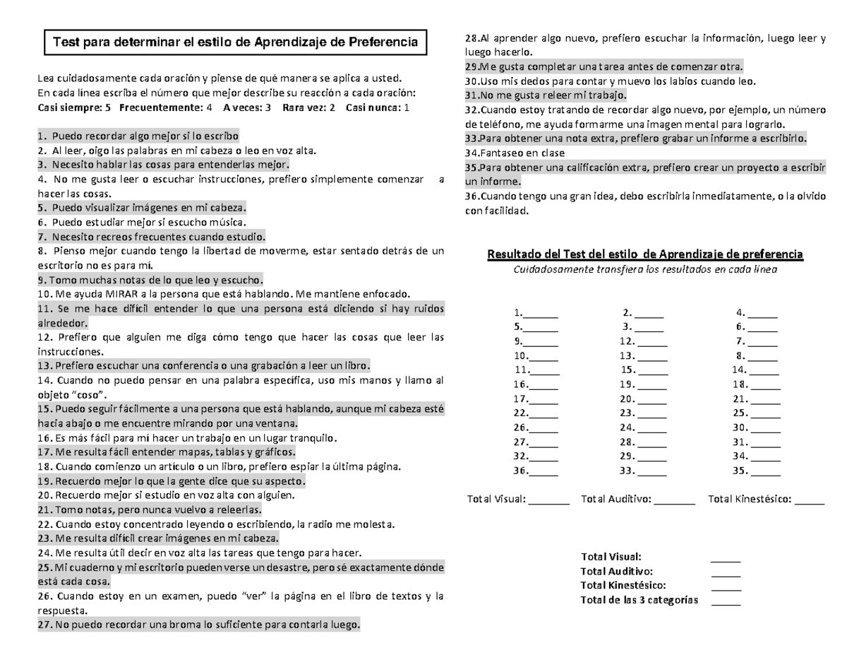 Lectura 4 Test estilo de Aprendizaje - Lea cuidadosamente cada oración ...