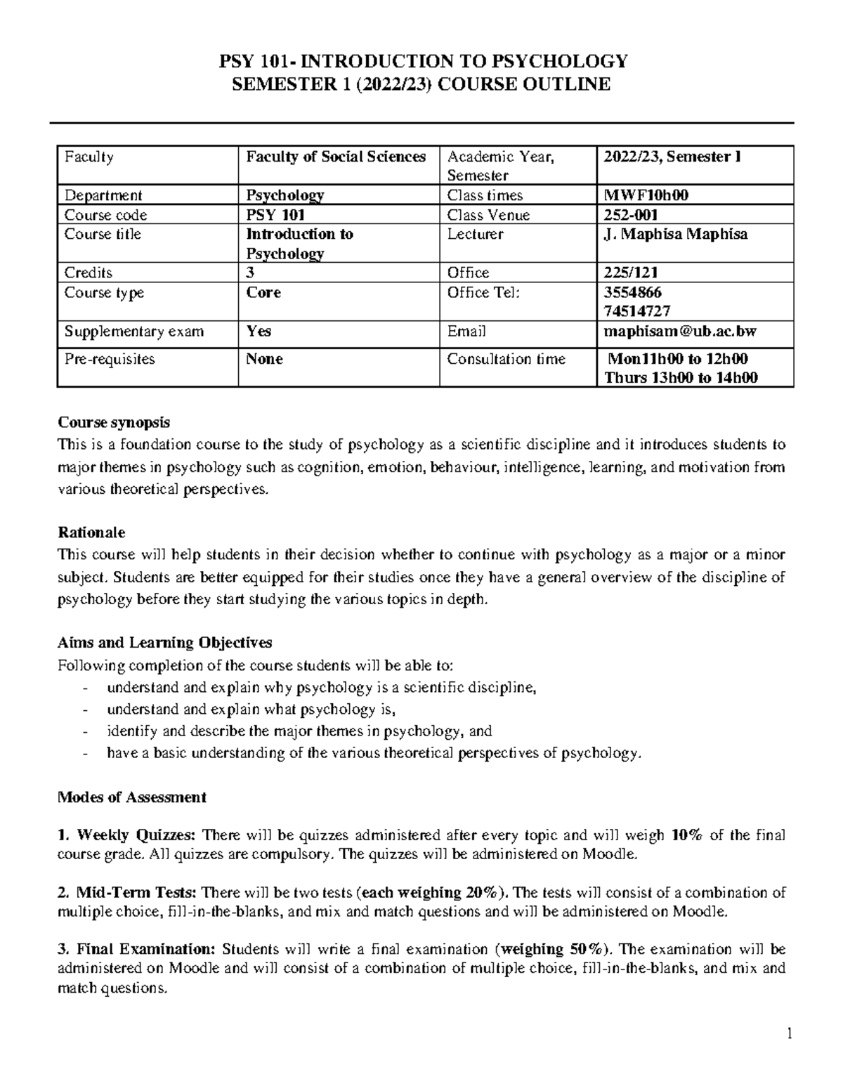 PSY 101 Course Outline 2022 - PSY 101- INTRODUCTION TO PSYCHOLOGY ...