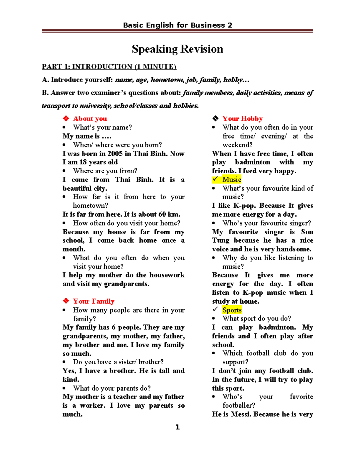 Speaking-revision - Ssssss - Speaking Revision PART 1: INTRODUCTION (1 ...