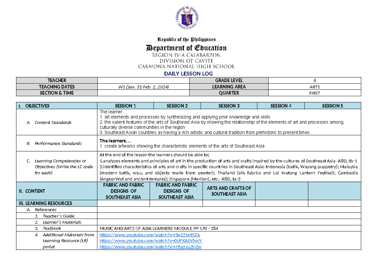 DLL-5-Sessions - dll - DAILY LESSON LOG TEACHER GRADE LEVEL 8 TEACHING ...