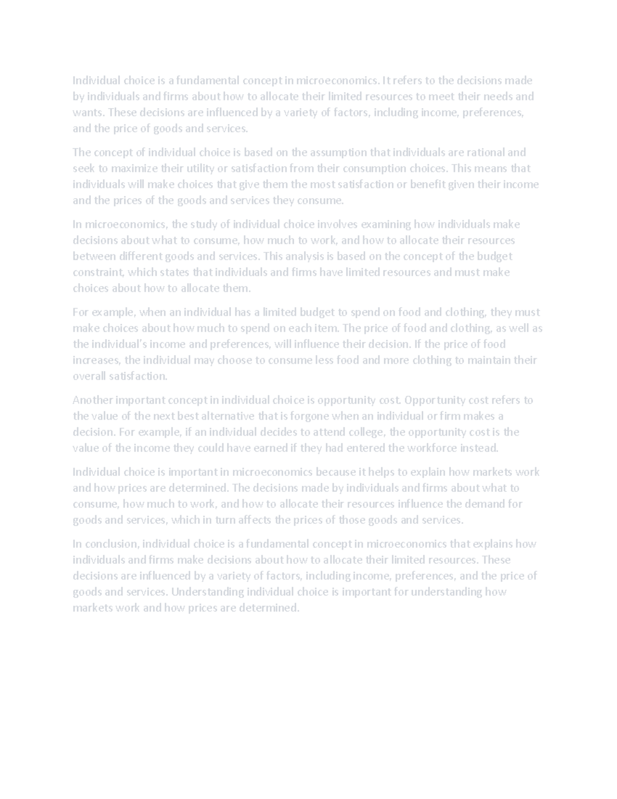 Individual Choice - Microeconomics Essay/Notes - Individual choice is a ...