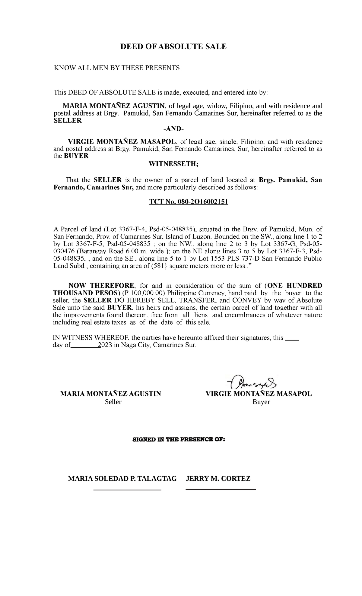 DEED OF Absolute SALE - For reference - DEED OF ABSOLUTE SALE KNOW ALL MEN BY THESE PRESENTS ...