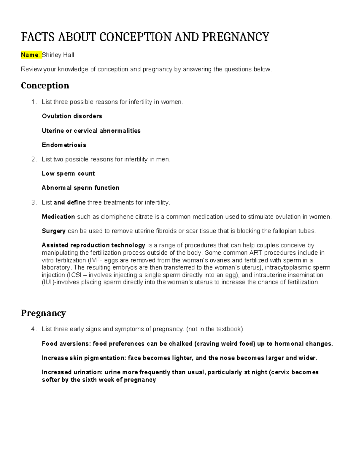 Conception and Pregnancy assignment ADA - FACTS ABOUT CONCEPTION AND ...